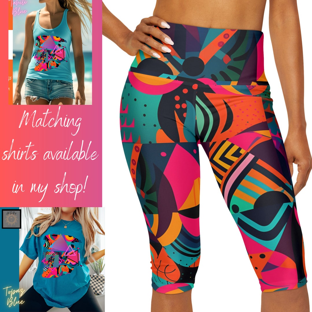 Neon 80s Graphic Geometric Yoga Capri Leggings Yoga Pants Retro Hippie ...