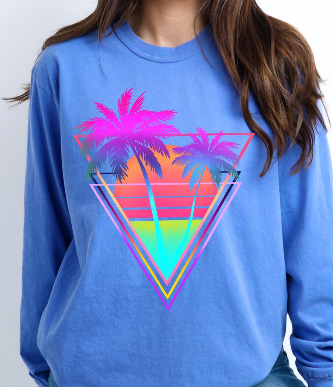 Neon Palm Trees Glow 80s Retro Graphic Tee Unisex Comfort Colors Long ...