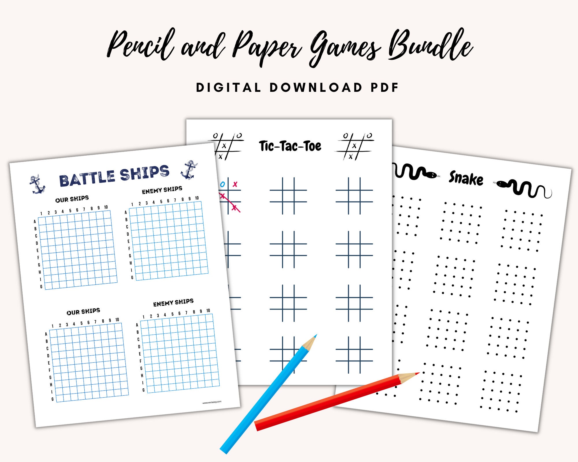 Printable Pencil and Paper Games Bundle Include Battleship Game, Tic ...