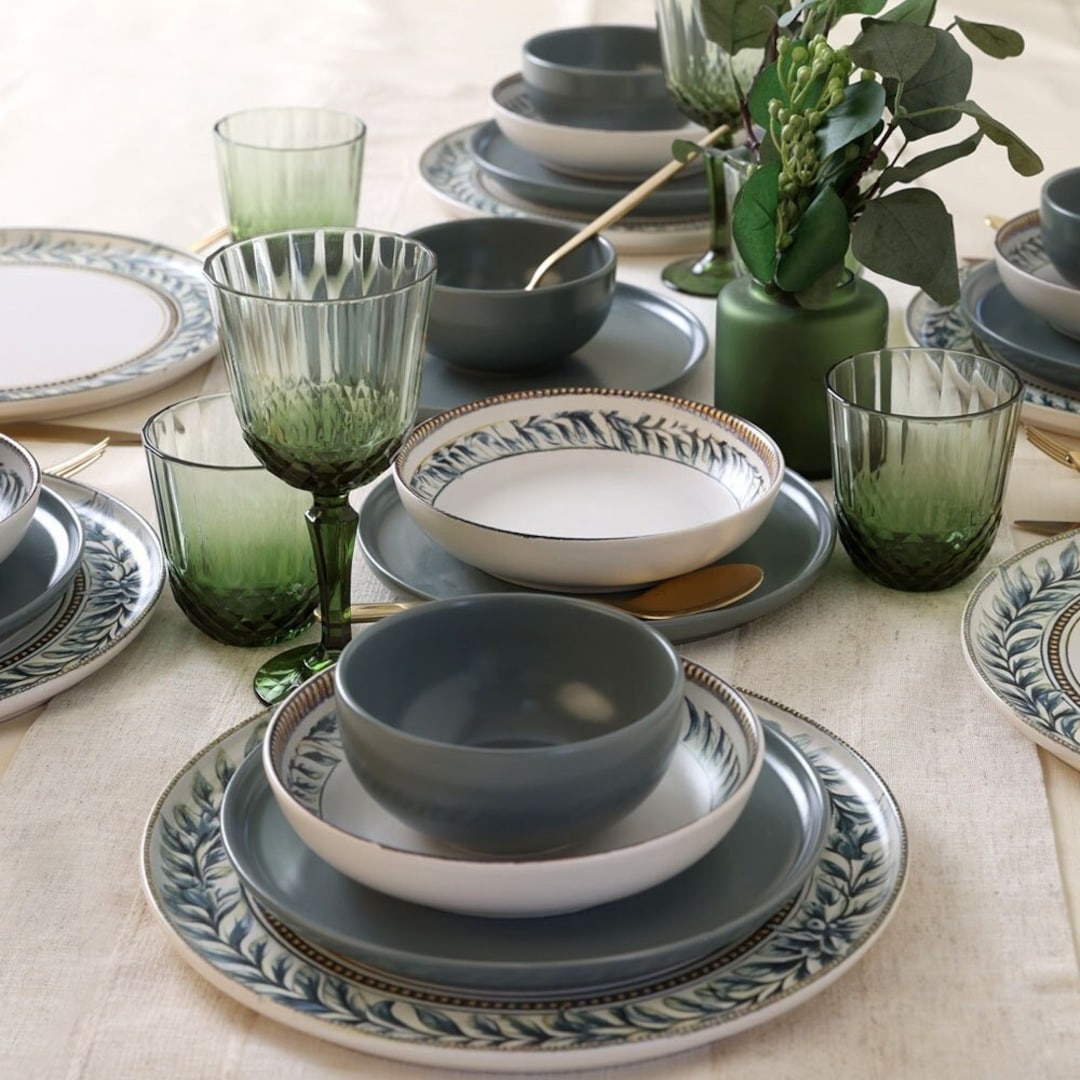 GREEN OLIVE LEAF Frame Patterned Dinner Set 24 Pieces for 6 Persons ...