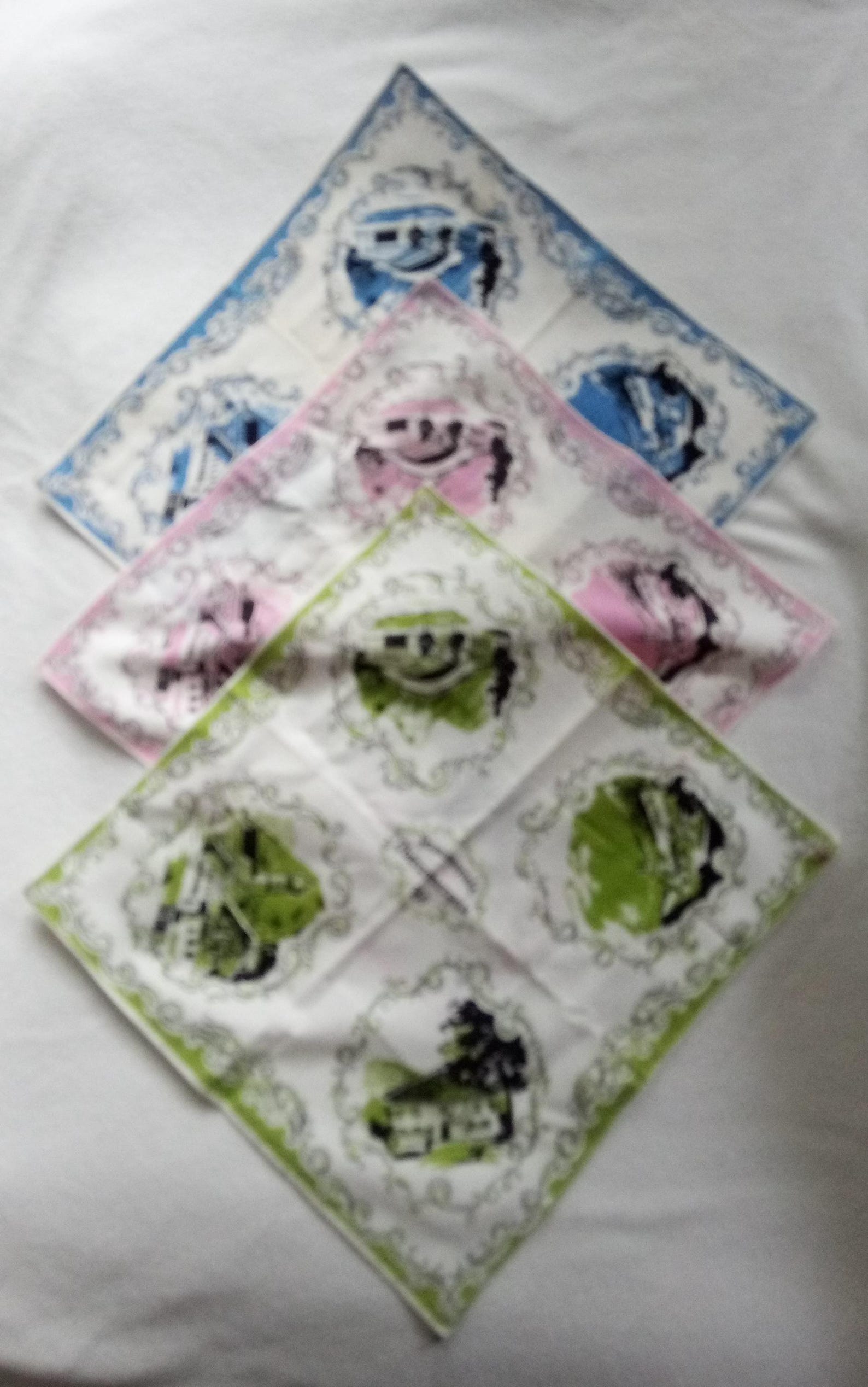 German Handkerchief Set - Pink, Green, Blue - Landscape Illustrations ...