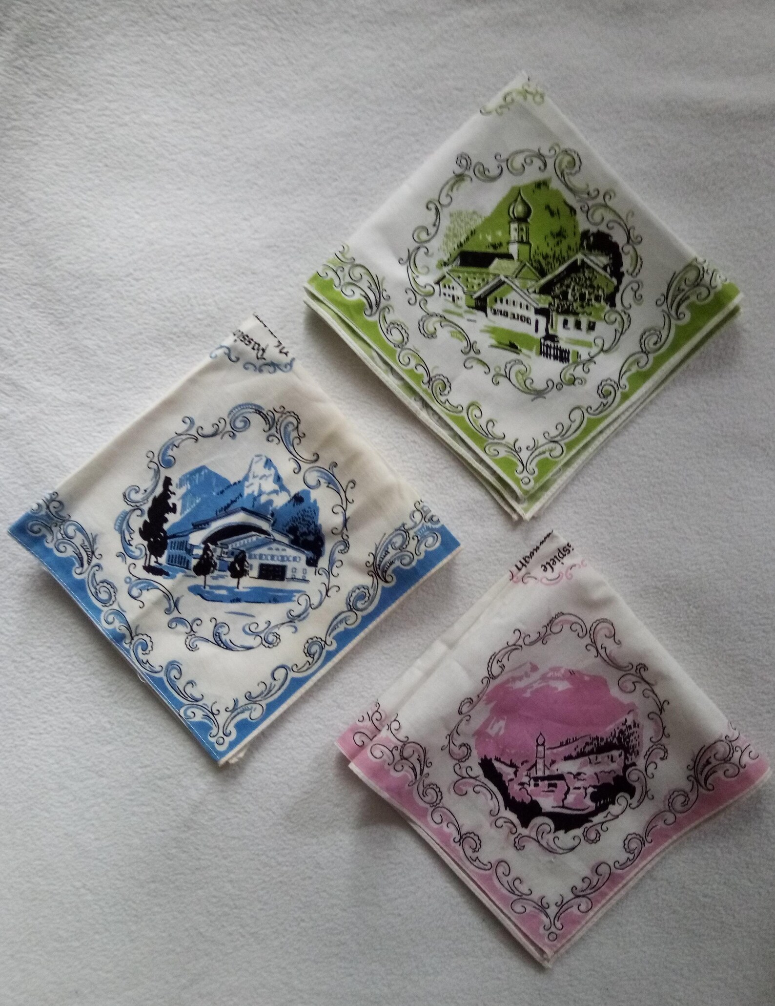 German Handkerchief Set - Pink, Green, Blue - Landscape Illustrations ...