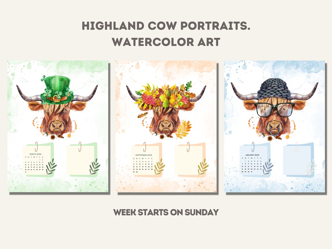 Watercolor Highland Cow Agenda Monthly Cover Pages Inserts W/ Calendar ...