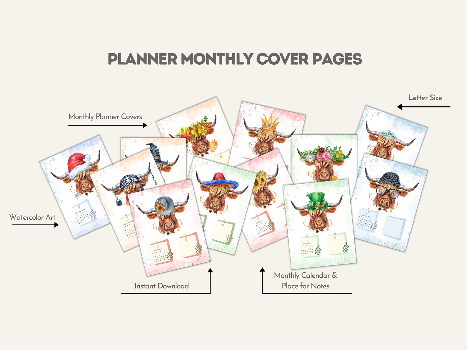Watercolor Highland Cow Agenda Monthly Cover Pages Inserts W/ Calendar ...
