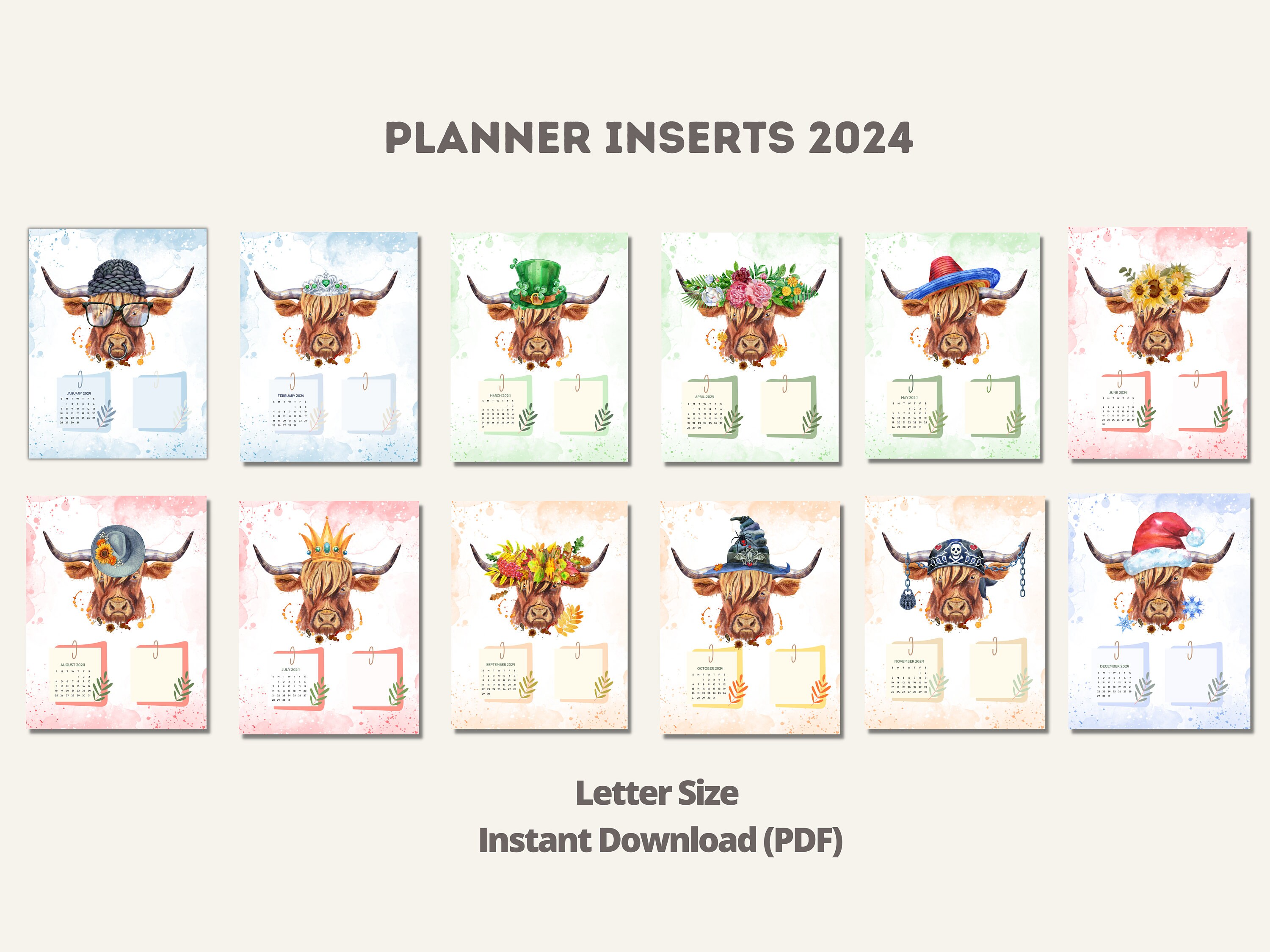 Watercolor Highland Cow Agenda Monthly Cover Pages Inserts W/ Calendar ...