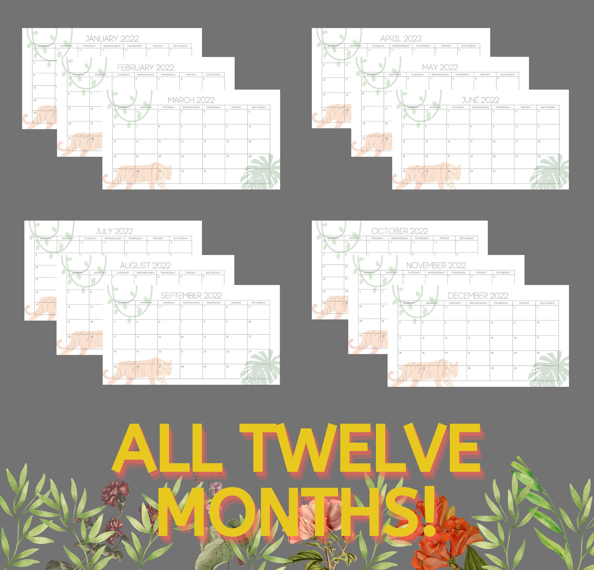 2022 Jungle Calendar, Printable, Minimalist Simple Calendar, 11 X 8.5 ...