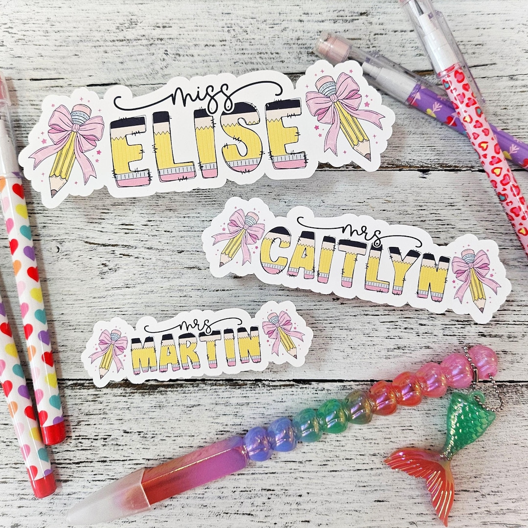 Personalized Pencil Bow Teacher Sticker, Teacher Name Sticker, Journal ...