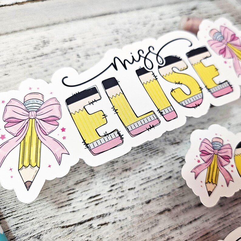 Personalized Pencil Bow Teacher Sticker, Teacher Name Sticker, Journal ...