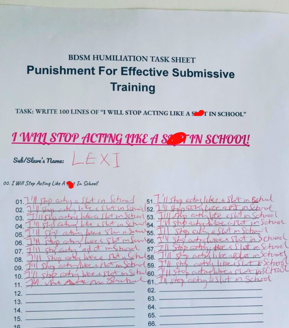 Bdsm Humiliation Punishment Task Sheet Write I Will Stop Etsy Canada