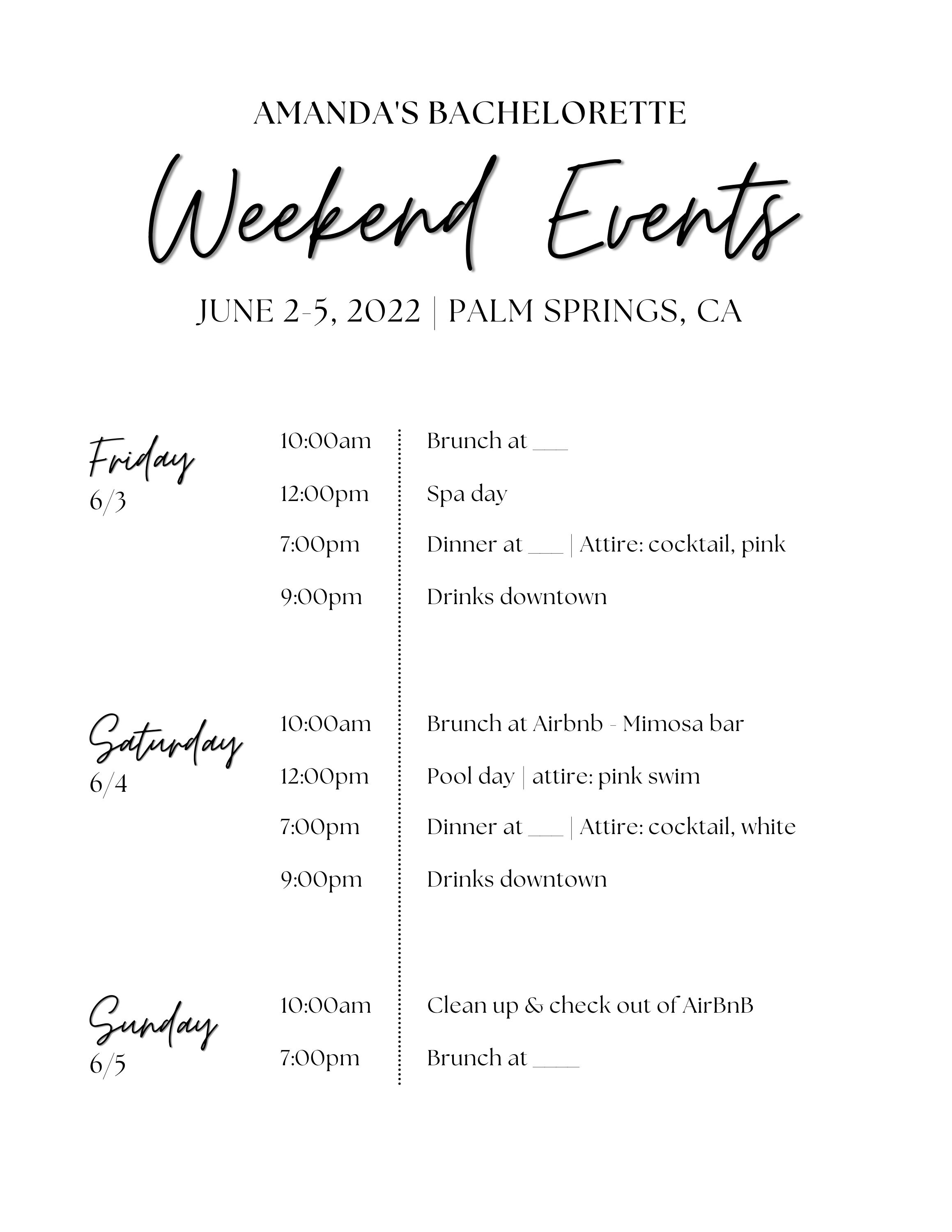 Bachelorette Itinerary Template Digital