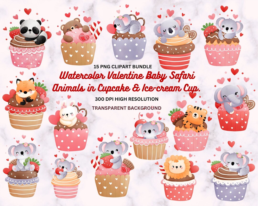 Cute Baby Safari Animals in Cupcakes Valentine Clipart, 15 PNG ...