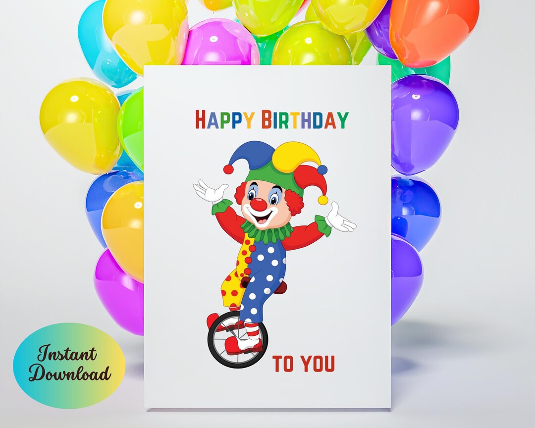 Happy Birthday Card Clown With Balloons, Digital Download, Printable ...