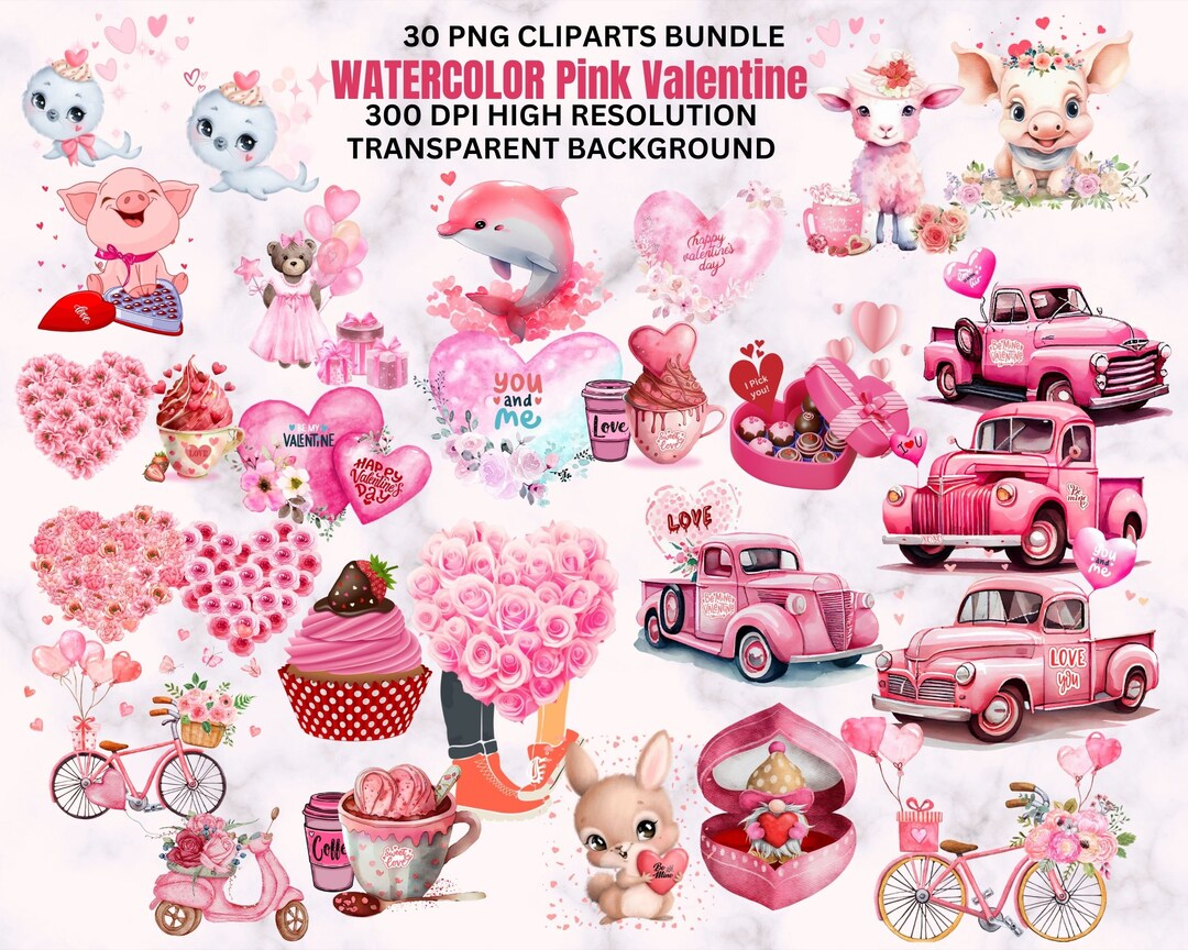Watercolor Pink Valentine’s Day Clipart Bundle, Instant Download ...