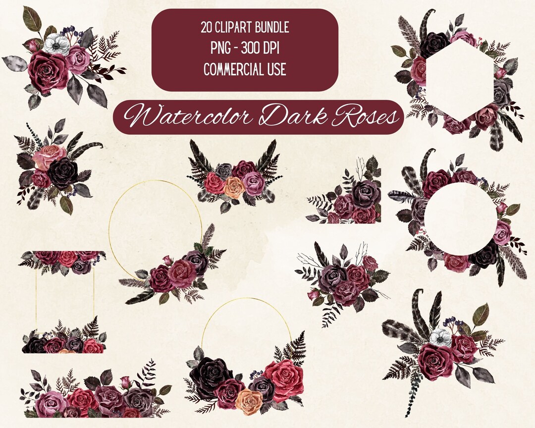 Watercolor Dark Red Clipart, Burgundy, Marsala, Black Roses Floral ...