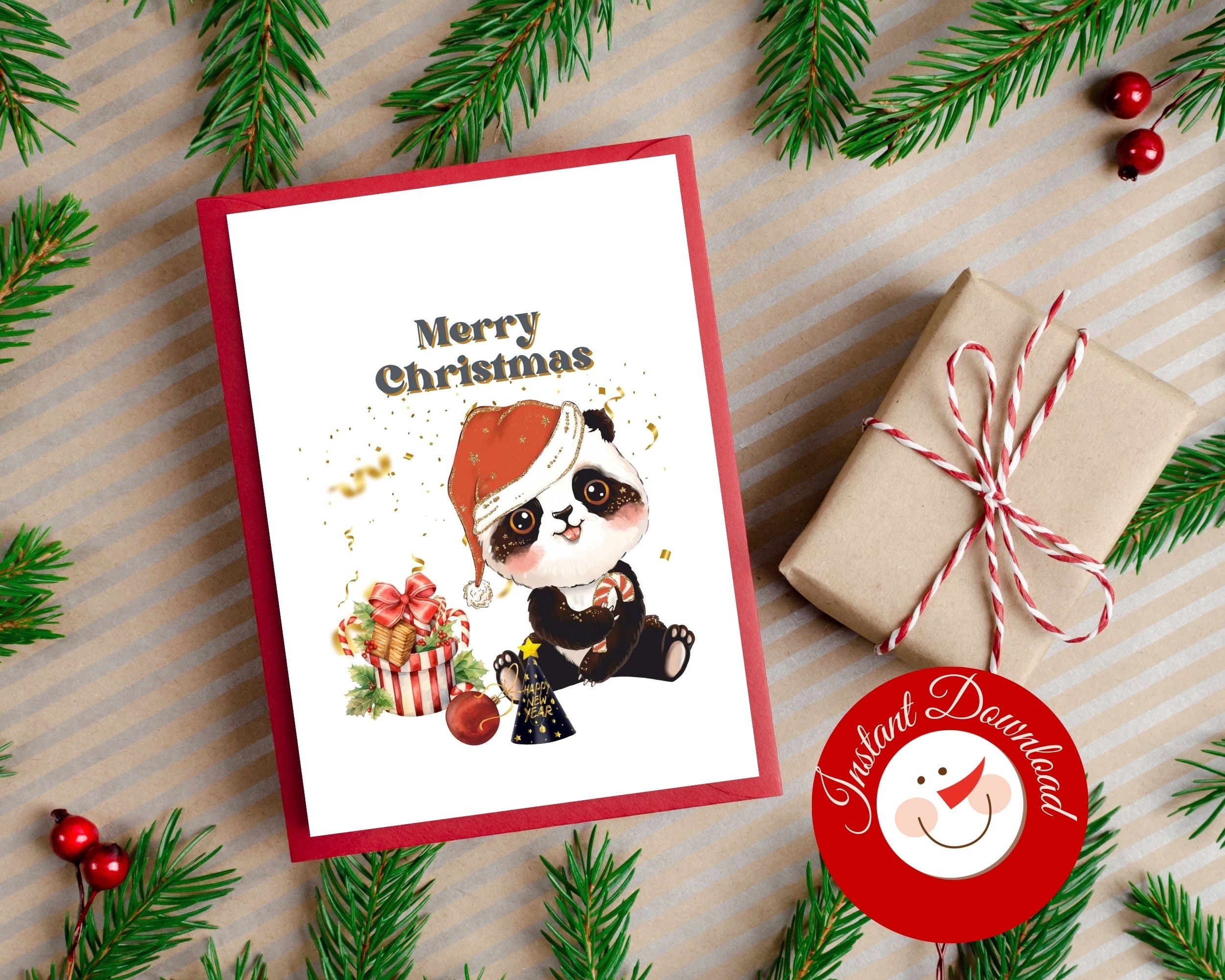 Cute Watercolor Festive Panda With Santa Hat and Gift Printable ...