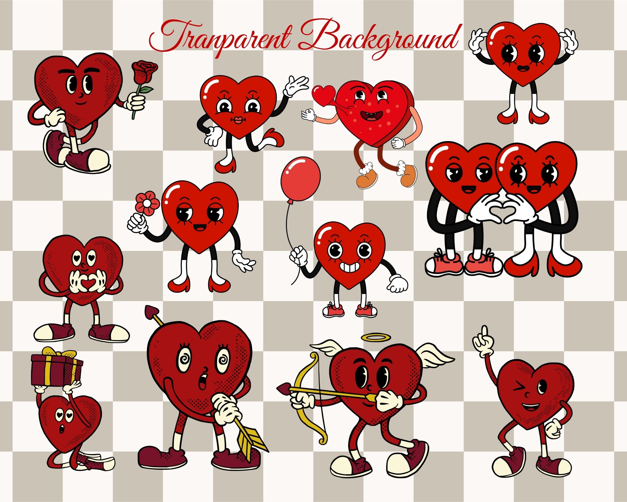 Retro Groovy Cartoon Cute Heart Mascot Valentine Clipart, 30 PNG ...