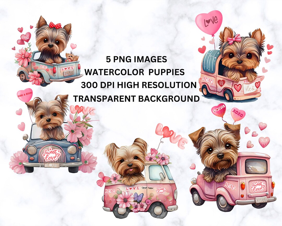 Watercolor Valentine Yorkie Clipart: High-resolution PNG Bundle ...
