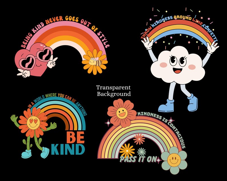 Retro Rainbow Kindness Quotes Bundle Clipart, Inspirational PNG, Be ...