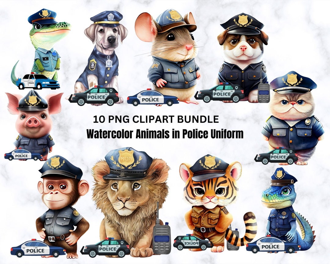 Watercolor Animals in Police Uniform Clipart: Nursery Decor (digital ...