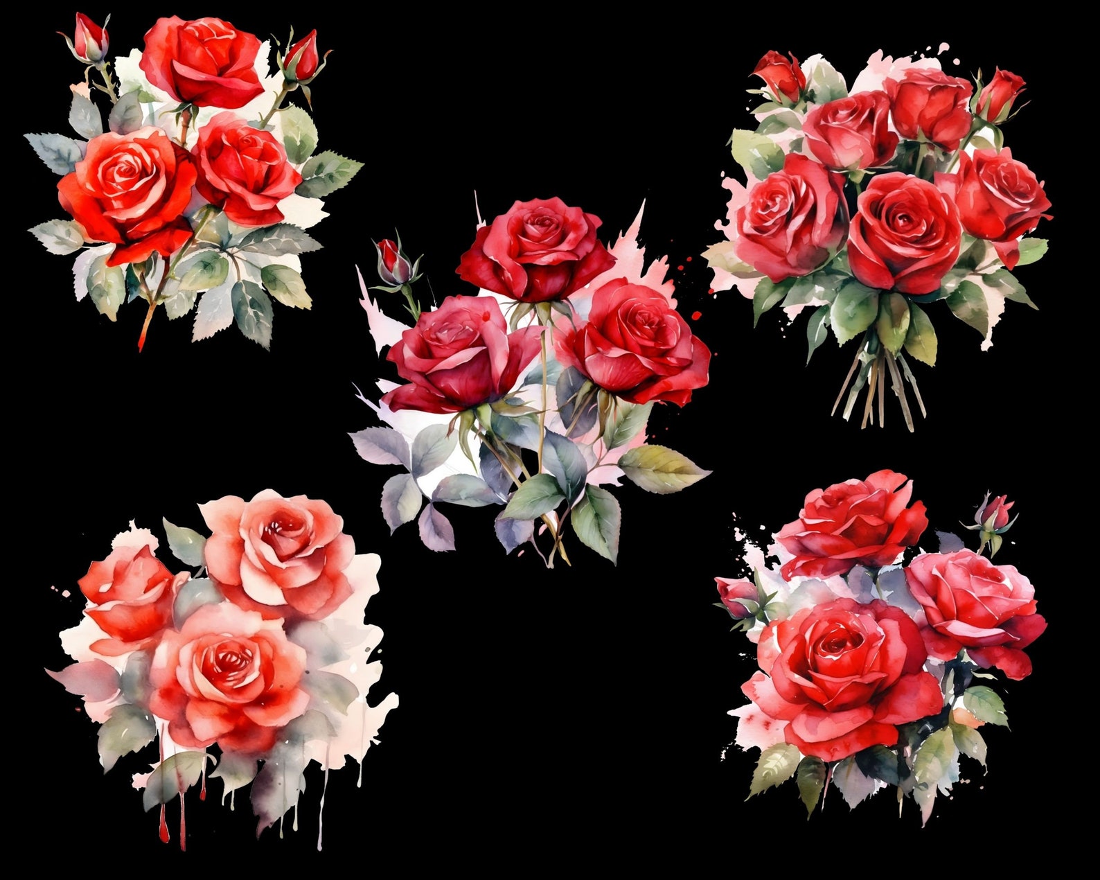 Watercolor Red Roses Clipart Bundle | Rose and Leaves PNG| Instant ...