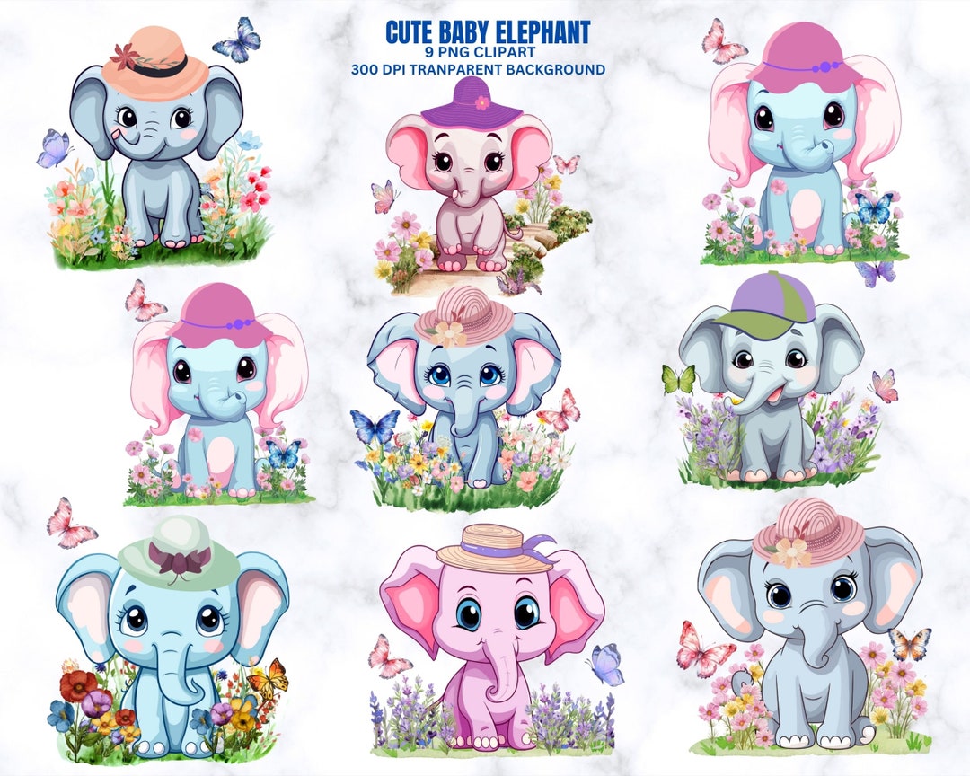 Cute Baby Elephant Wearing Hat in a Garden Clipart, Nursery Wall Art ...