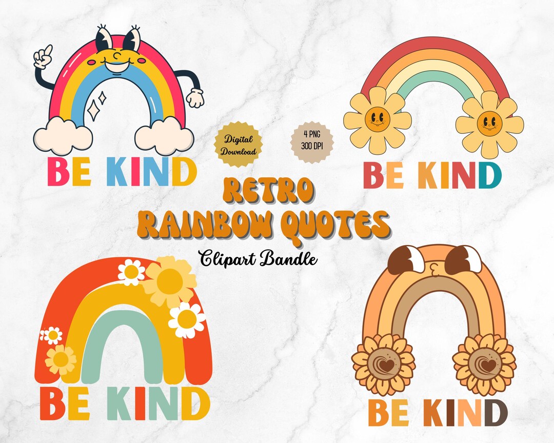 Retro Rainbow Clipart: Be Kind Motivational Quotes (digital Download ...