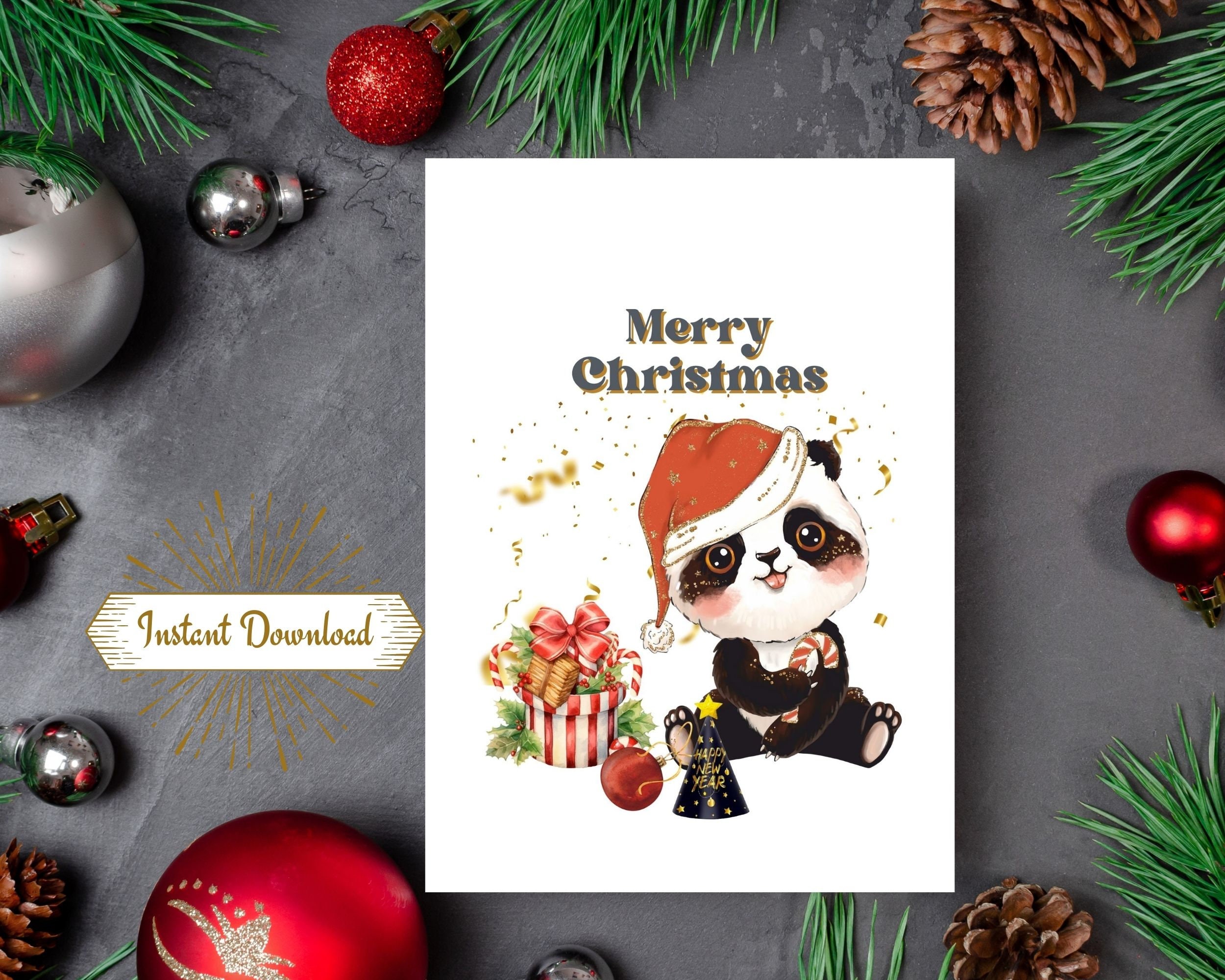 Cute Watercolor Festive Panda With Santa Hat and Gift Printable ...