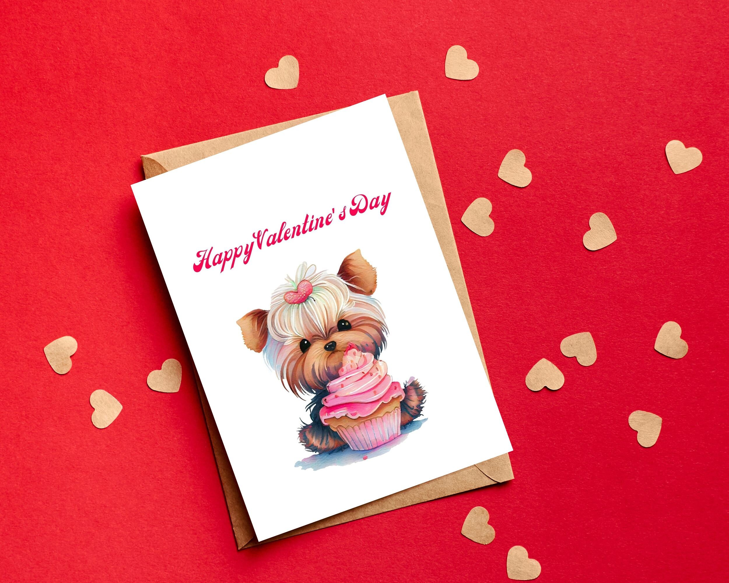 Cute Watercolor Yorkie With Cupcake Valentine's Card, Printable ...