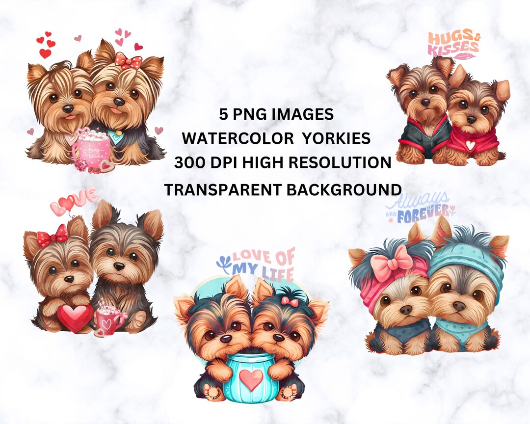 Cute Watercolor Valentine Yorkie Couples Clipart, Printable Yorkshire ...