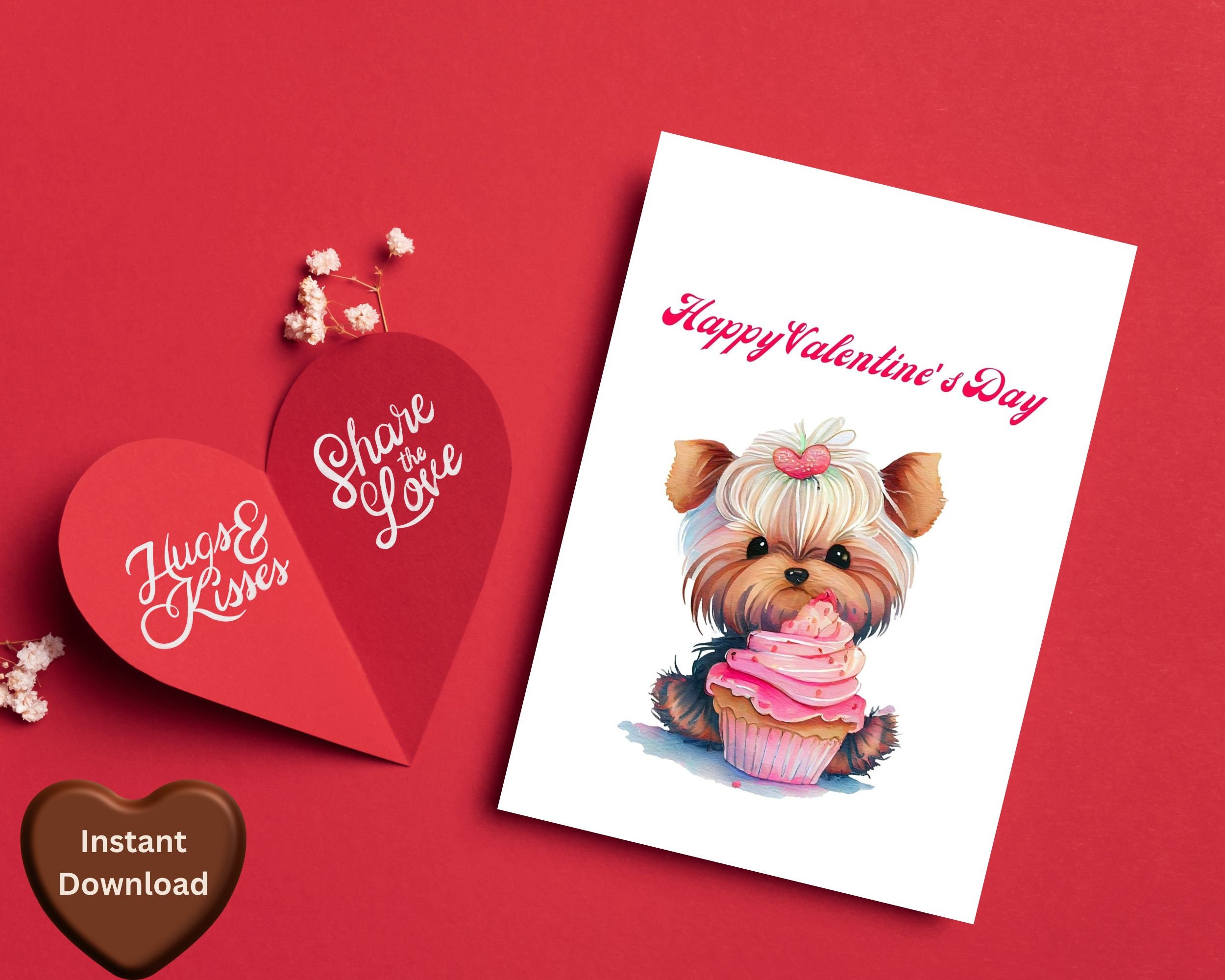 Cute Watercolor Yorkie With Cupcake Valentine's Card, Printable ...