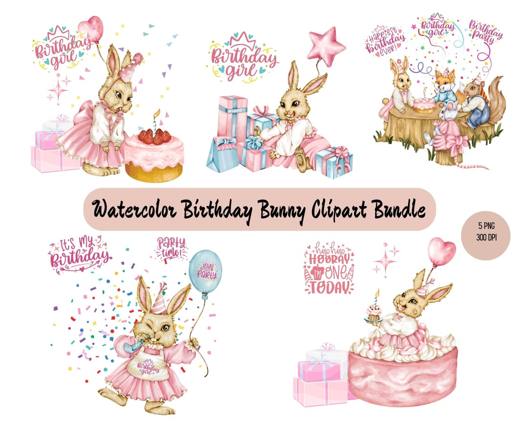 Watercolor Birthday Bunny Clipart: Girl Celebration PNG (digital ...
