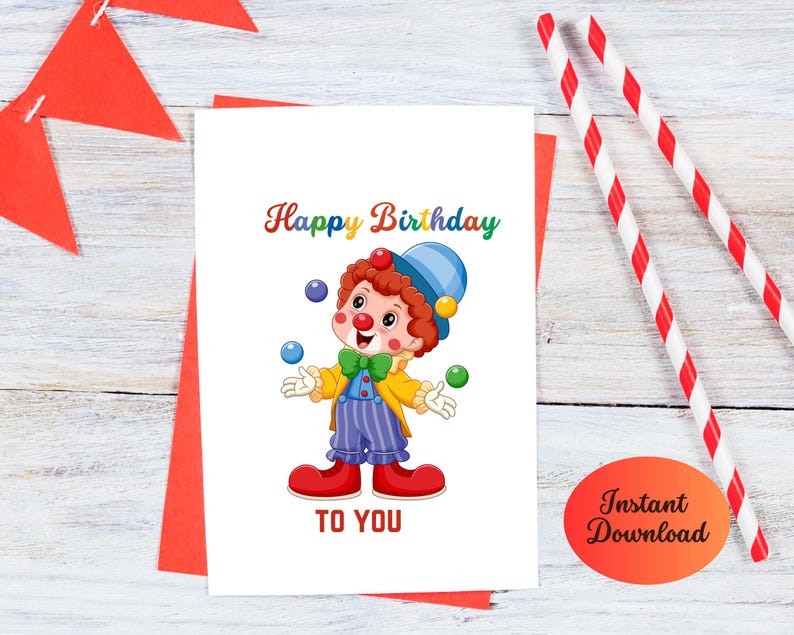 Happy Birthday Clown Card, Printable Cute Clown Birthday Card, Clown ...