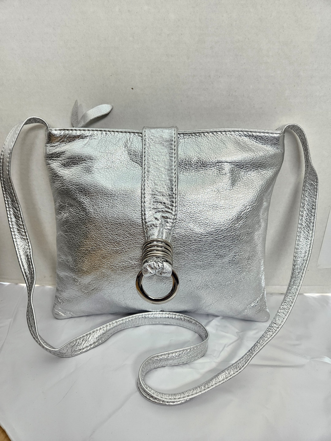 Shining Silver With Silver Matel Rings Genuine Leather Handbag for All ...