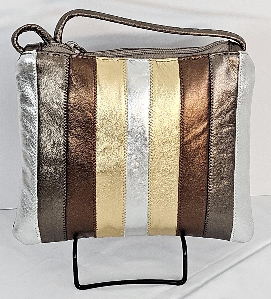 Pewter Silver Bronze and Gold Metallic Zigzag Stich Crossbody Handbag # ...