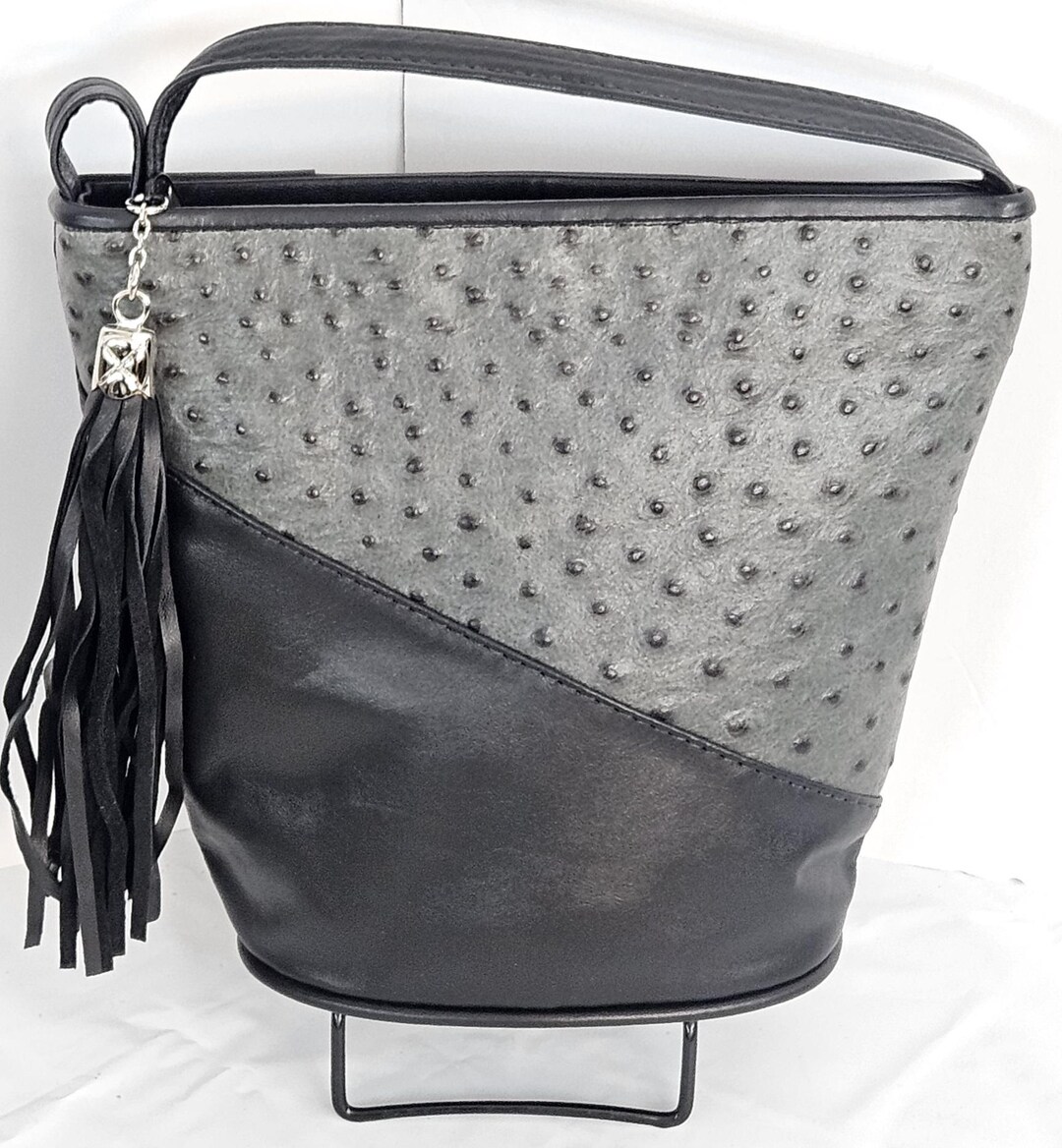 Black With Ostrich Grey Color Triangle Genuine Leather Handbag ...