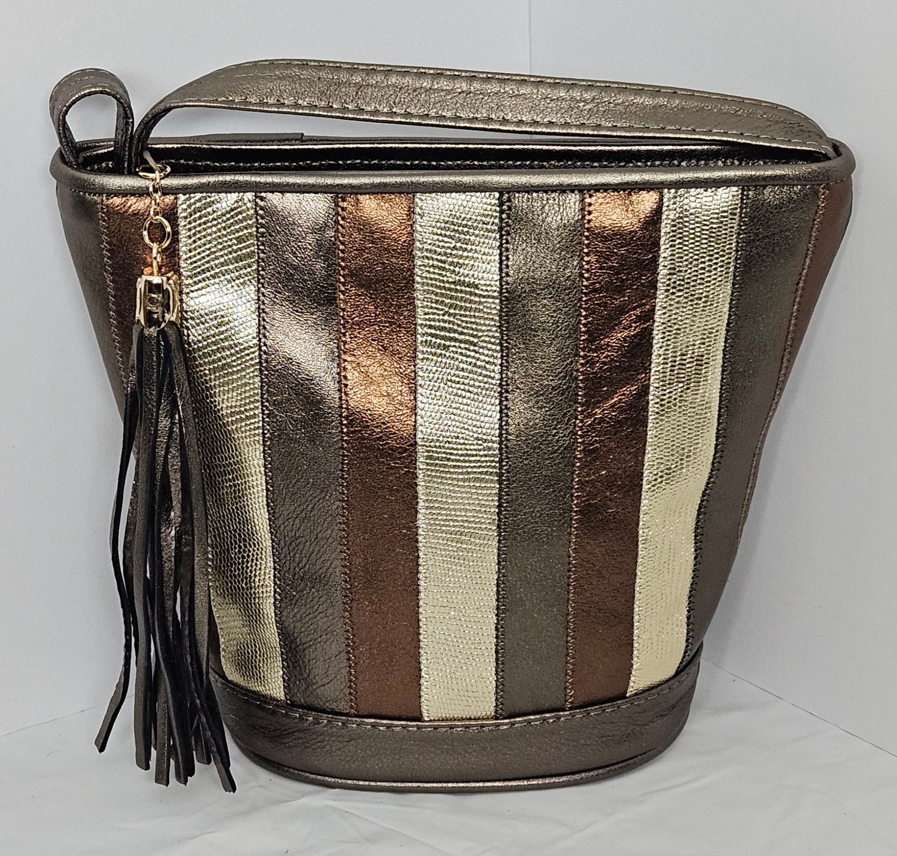 Pewter Zigzag Genuine Leather Handbag: Multi-tone Bucket Bag - Etsy