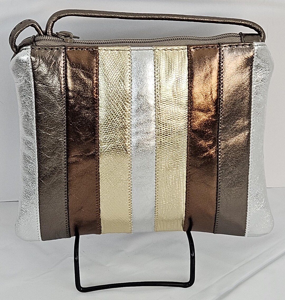 Pewter With Bronx,silver, Gold Print Matlic Zigzag Stich Crossbody ...