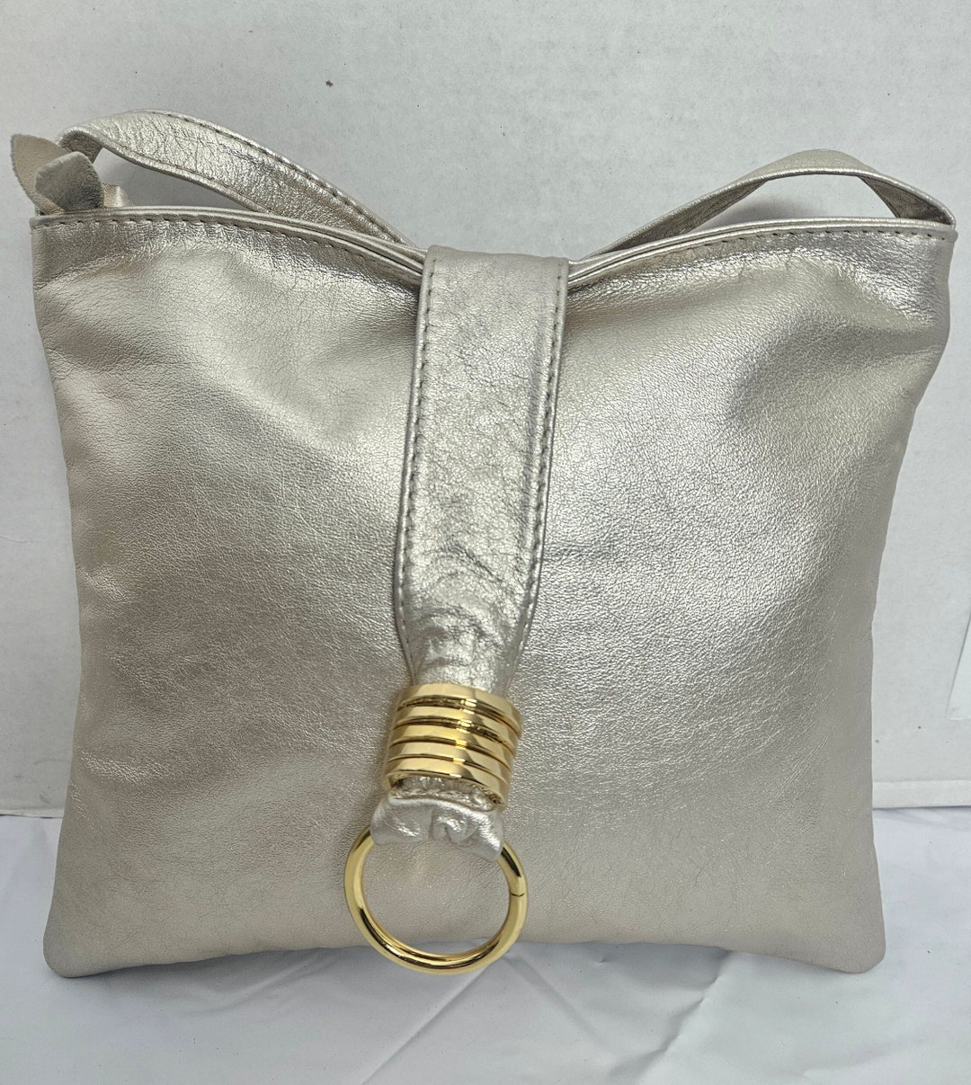 Shining Cream With Gold Matel Rings Genuine Leather Handbag for All ...