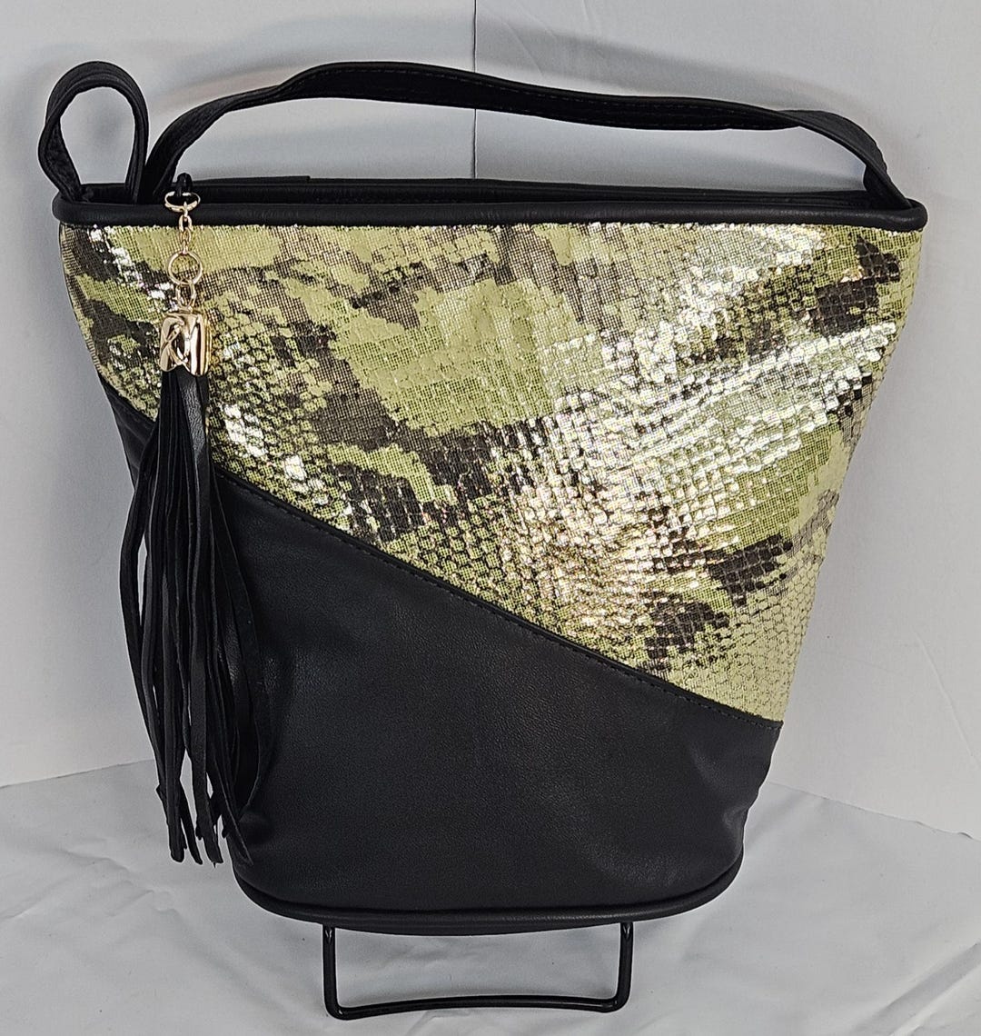 Black With Green Mix Triangle Genuine Leather Handbag.#tr2099bgm, for ...
