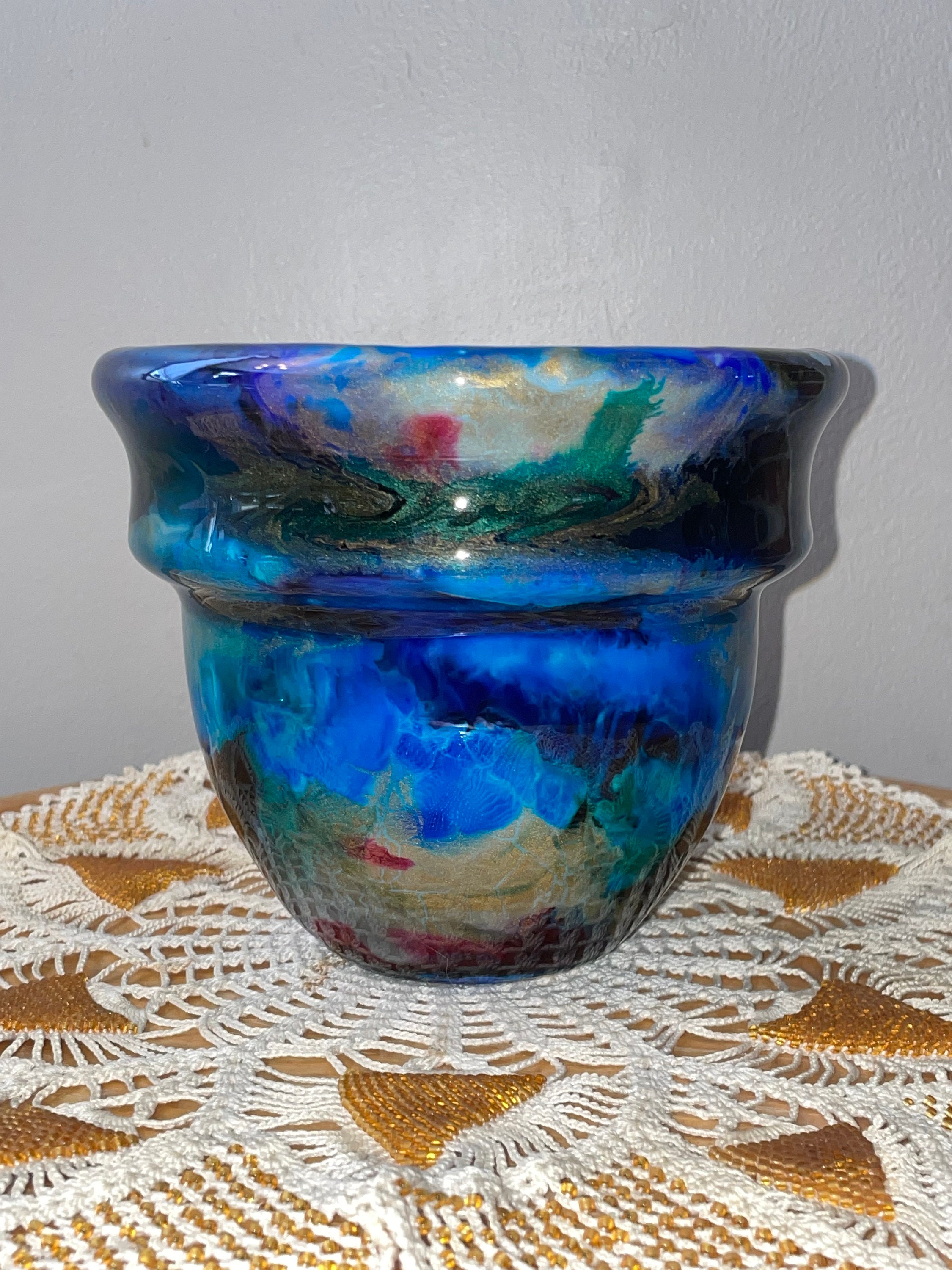 5.5 Inch Ceramic Plant Pot Hand Painted With Alcohol Inks and Epoxy - Etsy