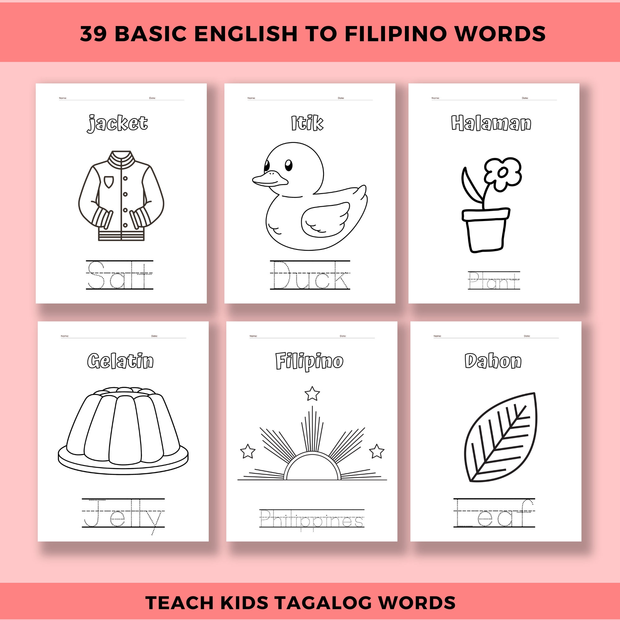 English to Filipino Color and Trace Activity Book - Etsy