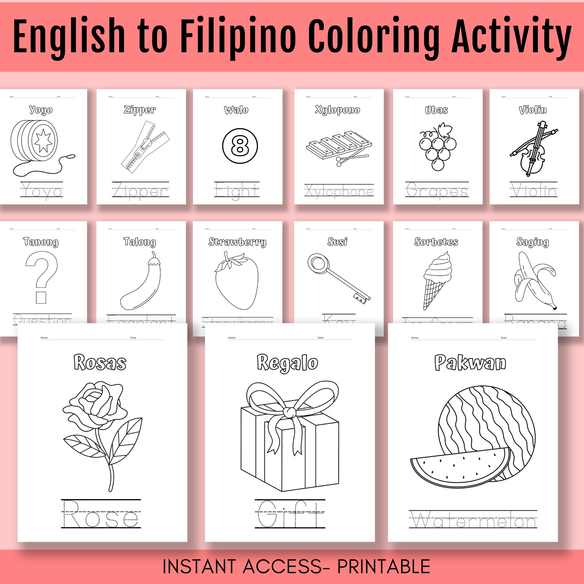 English to Filipino Color and Trace Activity Book - Etsy