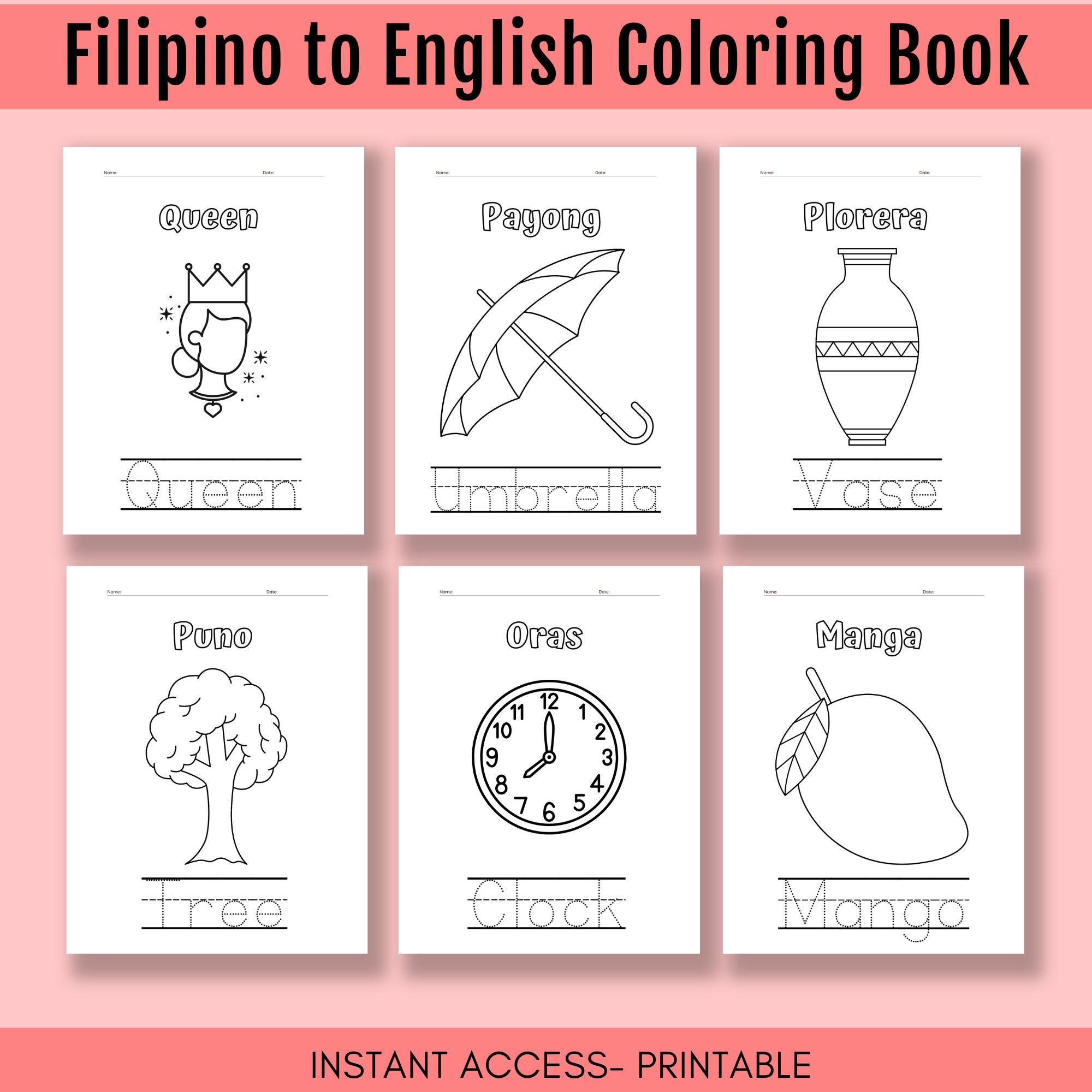 English to Filipino Color and Trace Activity Book - Etsy