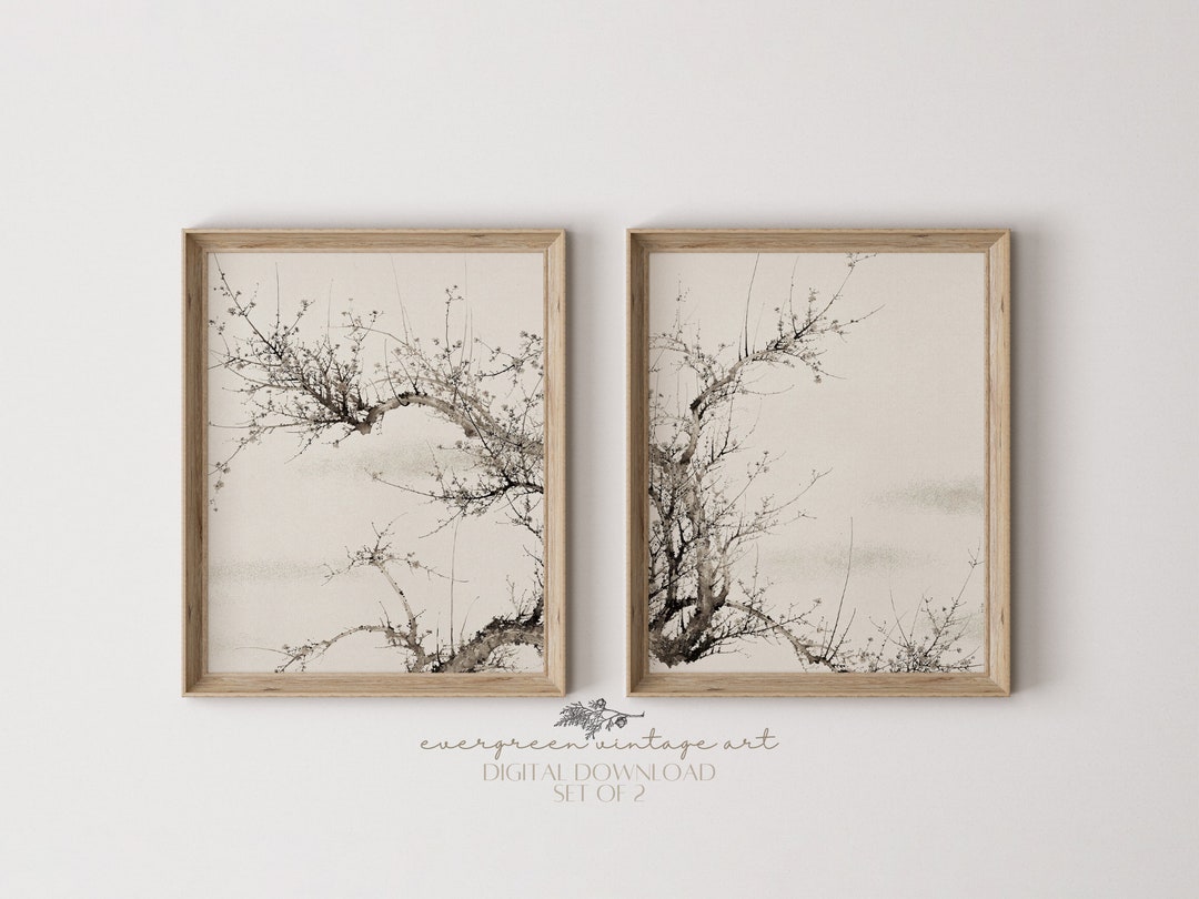Set of 2 Vintage Cherry Blossom Tree Branch Split Wall Prints | Winter ...