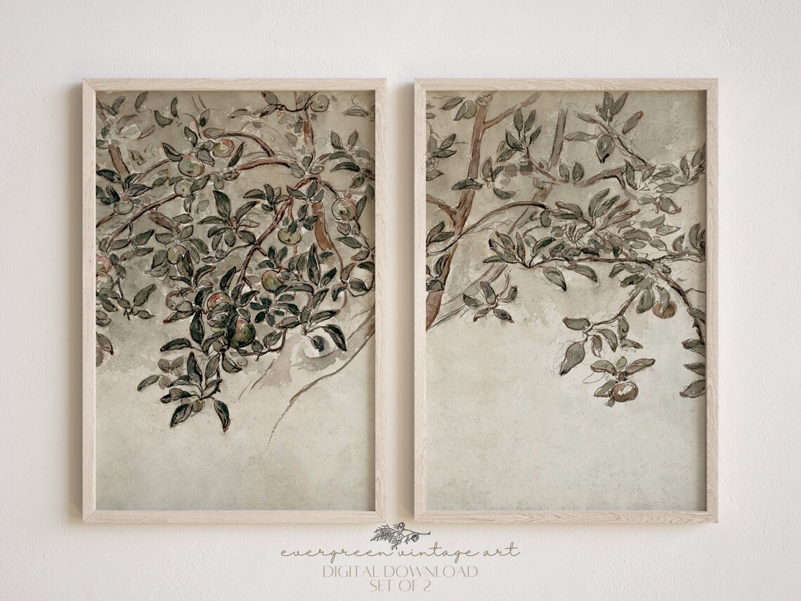 Set of 2 Vintage Apple Tree Branch Split Wall Prints Neutral - Etsy