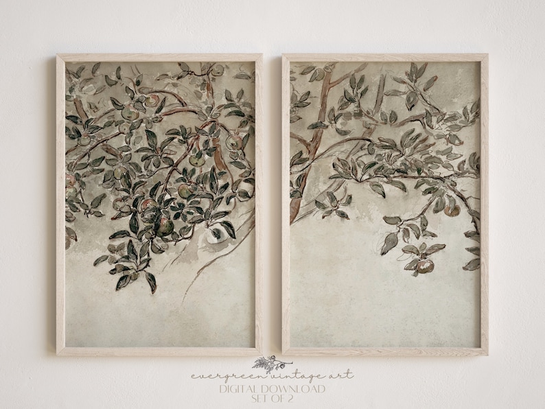 Set of 2 Vintage Apple Tree Branch Split Wall Prints | Neutral Rustic ...