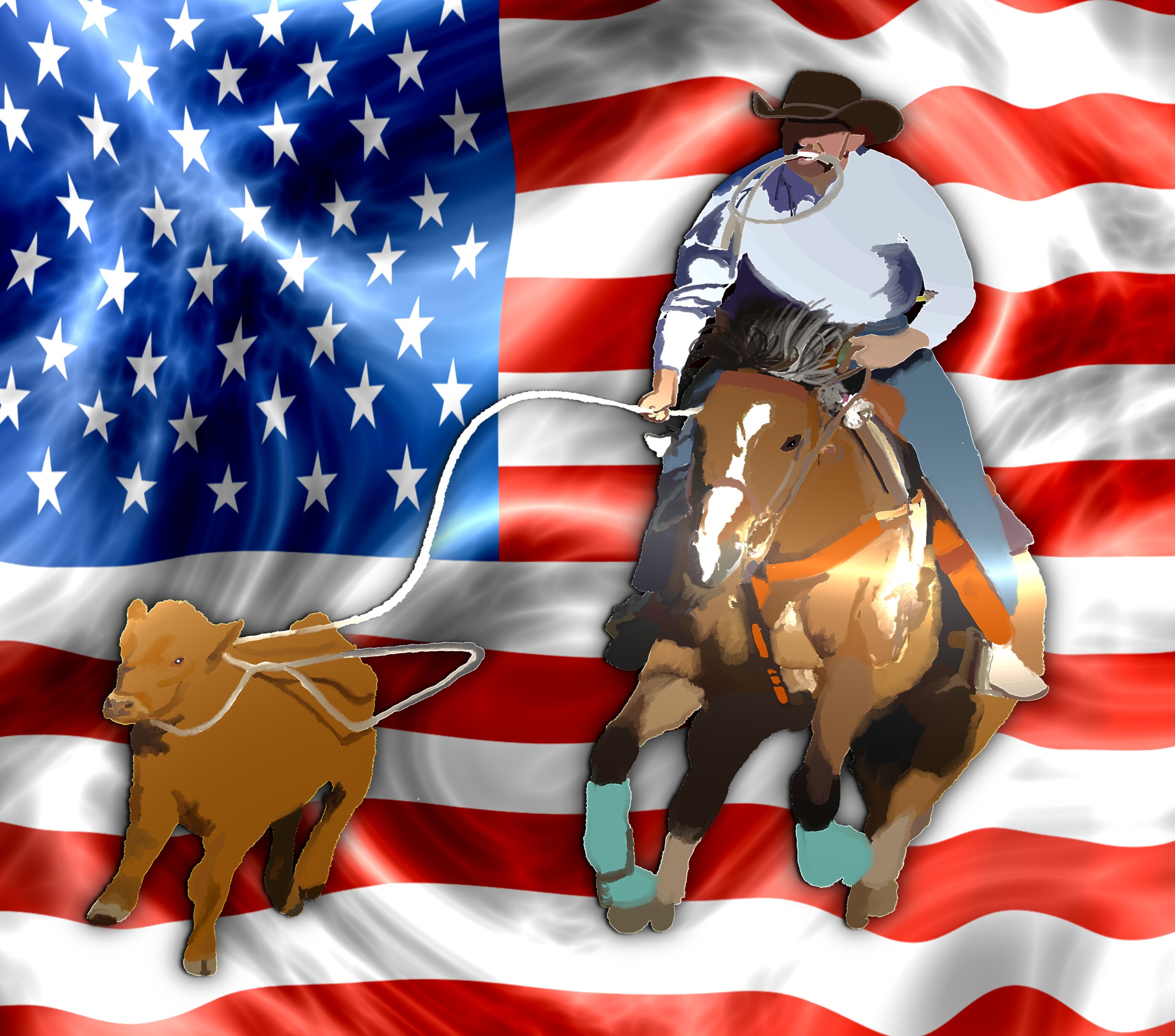 Rodeo Calf Roper With American Flag Background, 300 Dpi, Digital ...