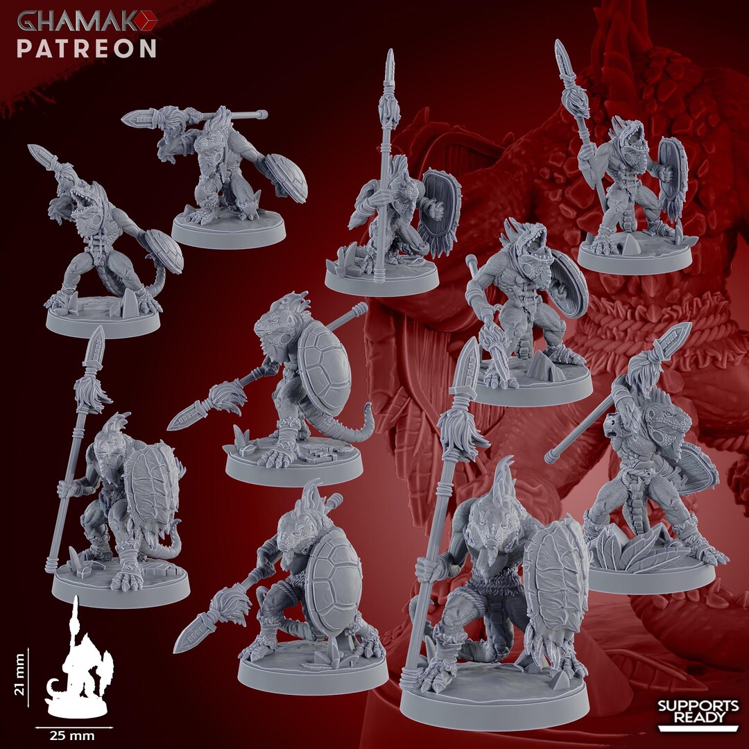 Lizardmen Miniatures Geckos Squad With Spears & Shields - Ghamak - 32mm ...
