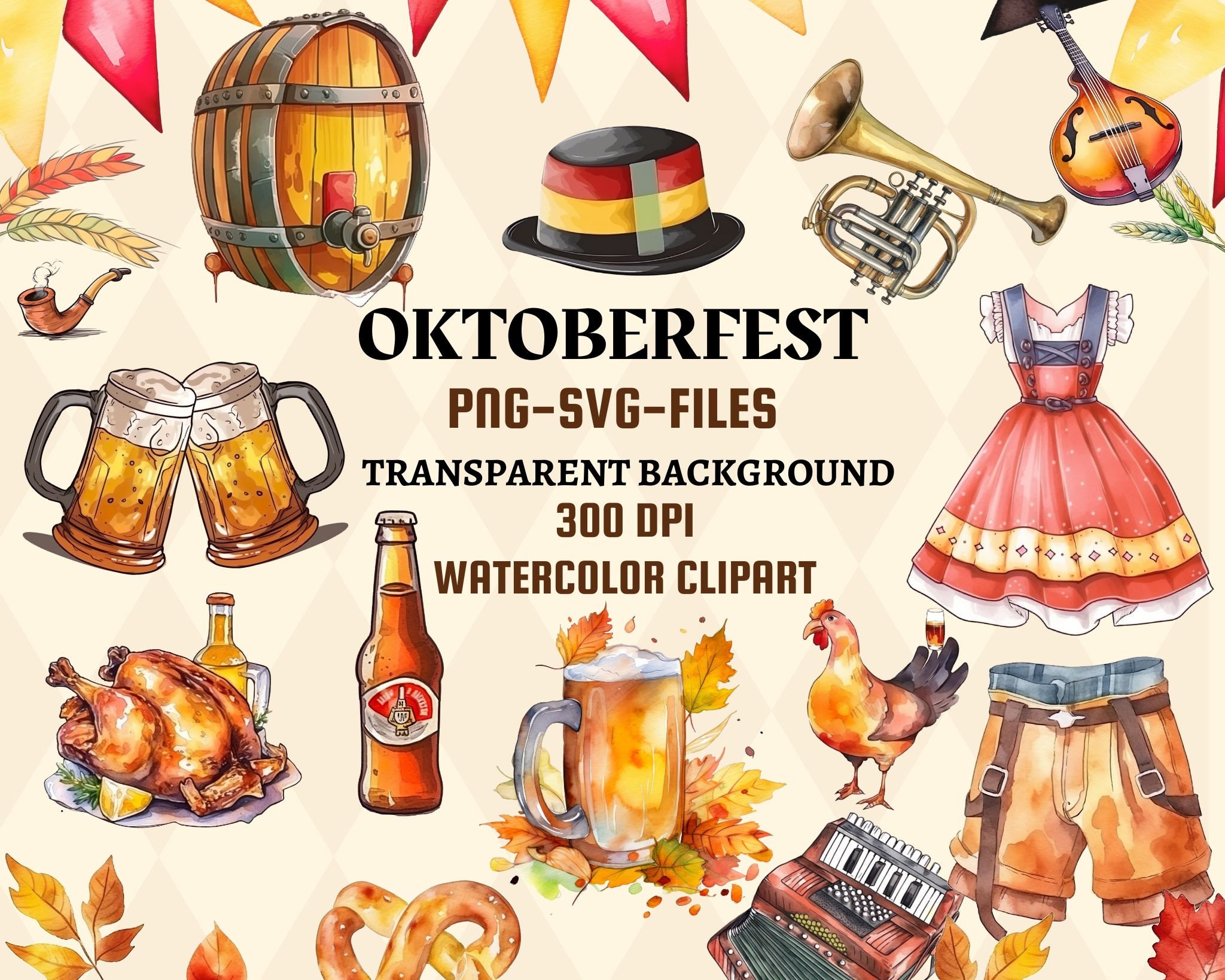 Oktoberfest Watercolor Clip Art: German Beer Festival (digital Download ...
