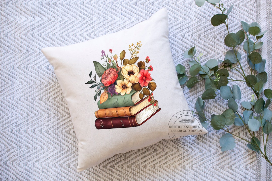 Throw Pillow With Books & Flowers, Pillow for Book Lovers, Pillow for ...